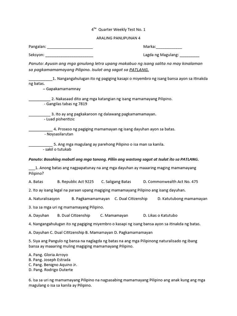 4TH Quarter Weekly Test No | PDF