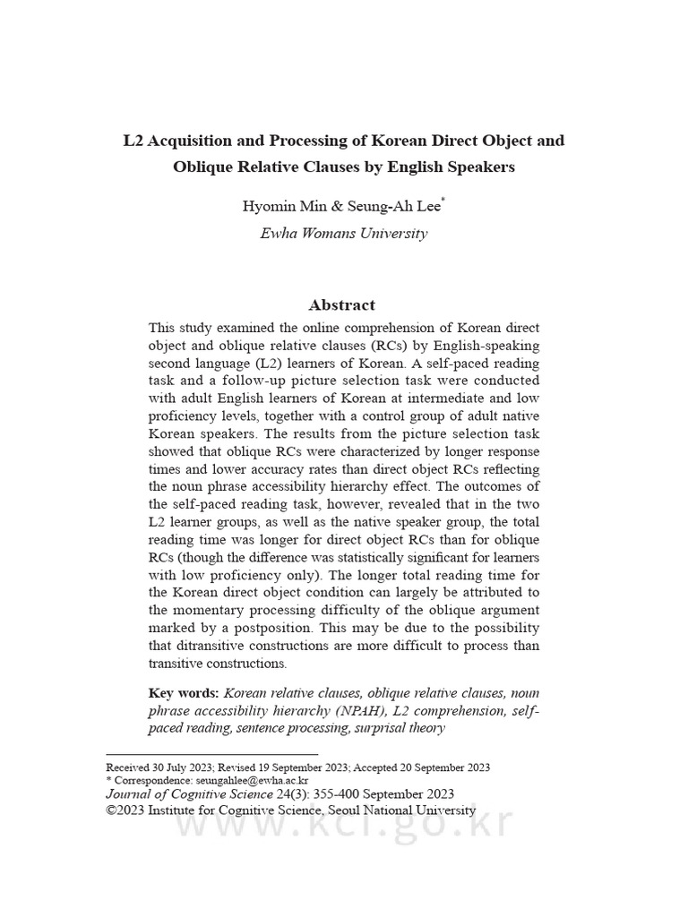 L2 Acquisition and Processing of Korean Direct Object and Oblique Relative Clauses by English ...