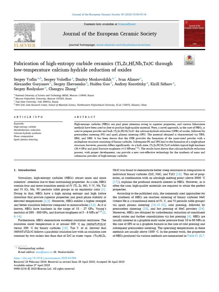 Fabrication of High-Entropy Carbide Ceramics (Ti, ZR, HF, NB, Ta) C ...