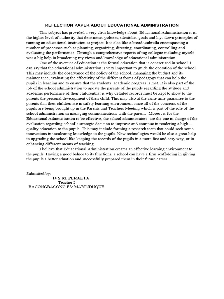 REFLECTION PAPER ABOUT EDUCATIONAL ADMINISTRATION (IVY M. PERALTA ...