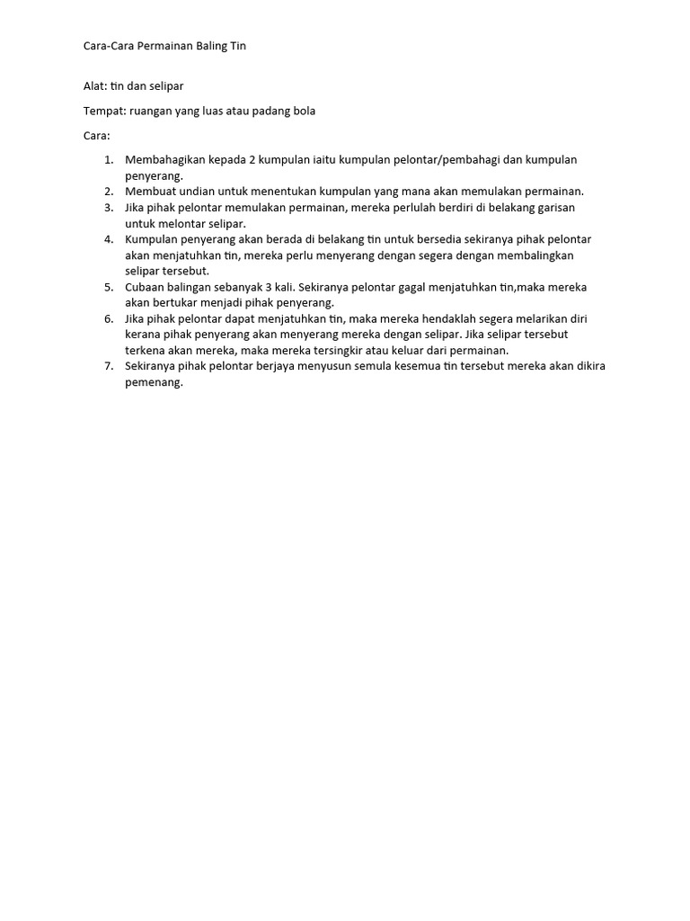 Cara Bermain Baling Tin | PDF | Olahraga & Rekreasi