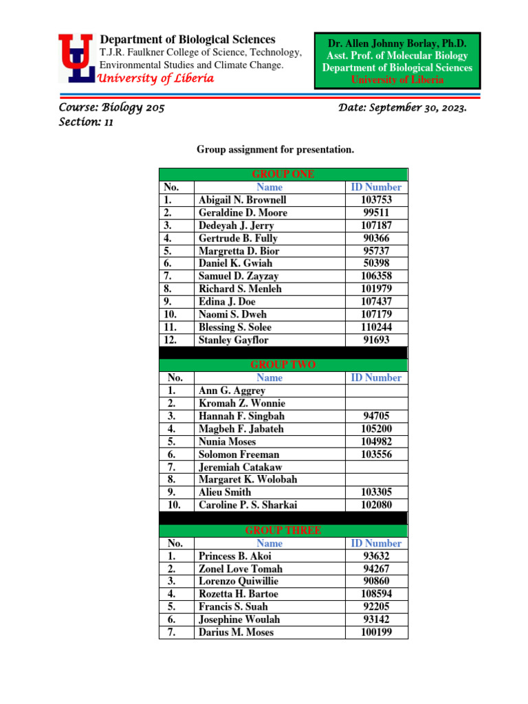Biology 205 Assignment Groups | PDF | Science & Mathematics