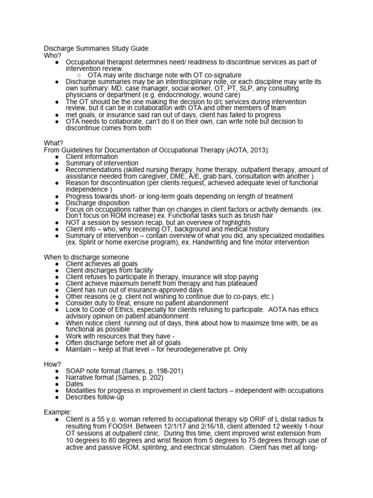 Discharge Summaries Example | PDF | Occupational Therapy | Medical ...