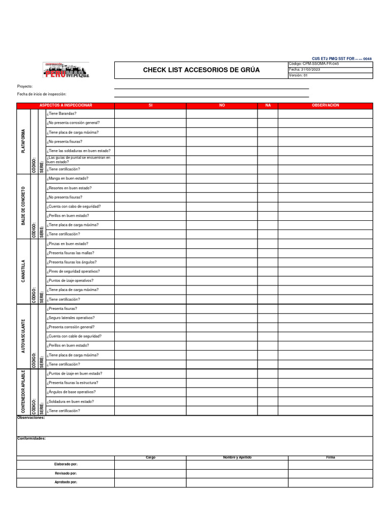 CPM-SSOMA-FR-045 Check List de Accesorios de Grúa | PDF