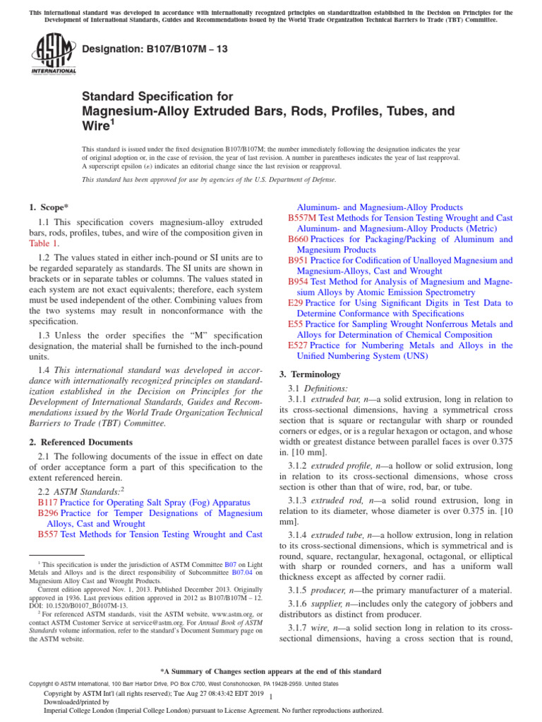 ASTM B107 - 2000 - Standard Specification For Magnesium-Alloy Extruded ...