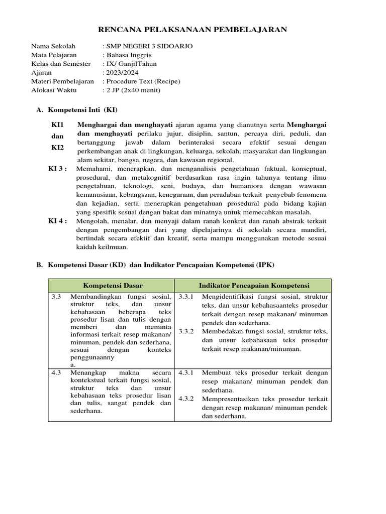 RPP Procedure Text Kelas 9 PMM | PDF