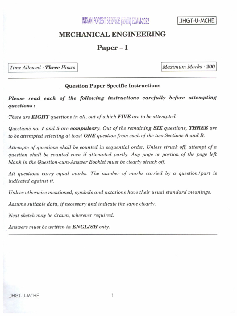 QP Ifsm 22 281122 Mechanical Engineering Paper I | PDF