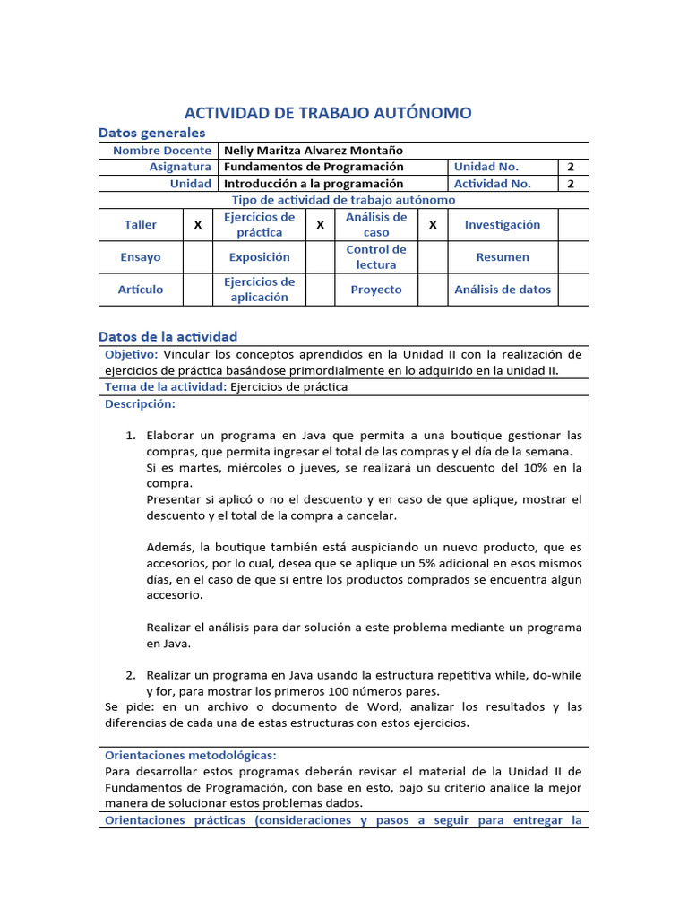Fundamentos de Programacion-Taller U2 | PDF