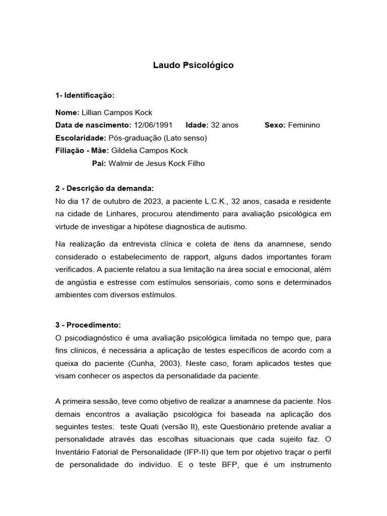 Modelos de Laudo Psicológico Psicodiagnóstico | PDF