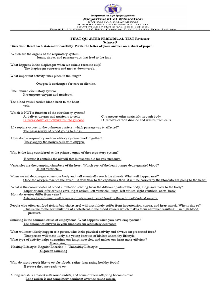 Q1 SCIENCE 9 PERIODICAL TEST Reviewer | PDF | Lung | Vein