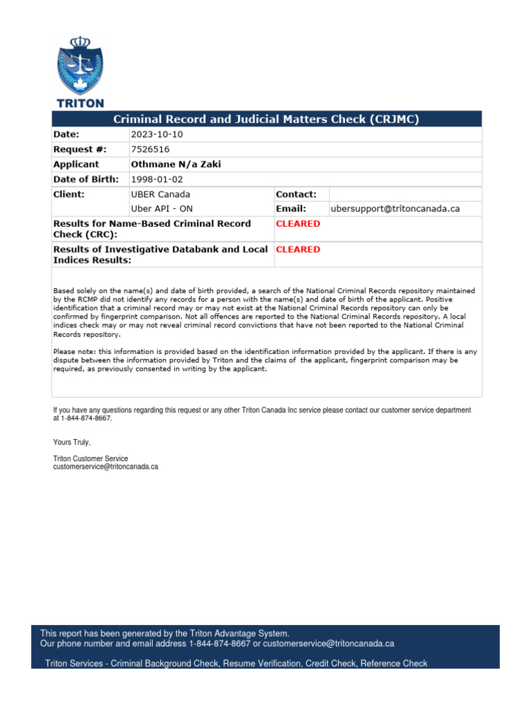 CRJMC Results for Uber Applicant Zaki | PDF