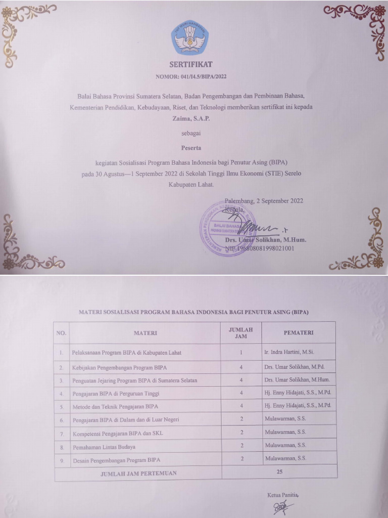 Contoh Sertifikat BIPA | PDF