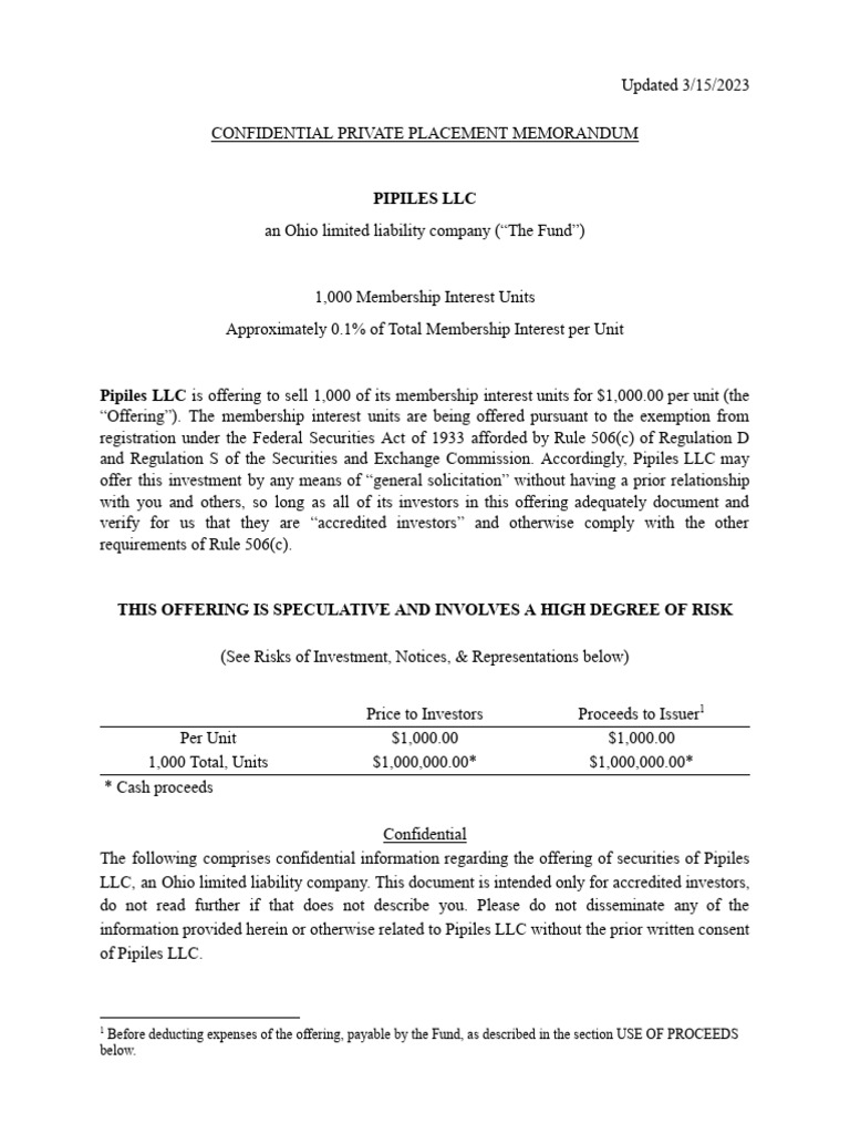 Pipiles LLC Private Placement Offering | PDF | Securities Act Of 1933 ...