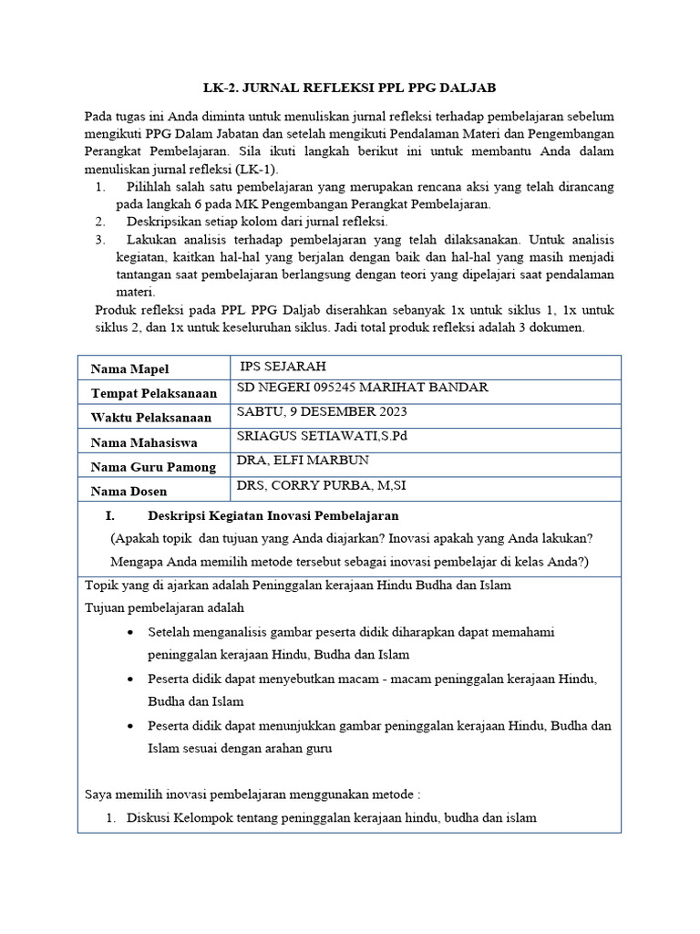 Lk-2. Jurnal Refleksi PPL PPG Daljab | PDF | Karier & Perkembangan