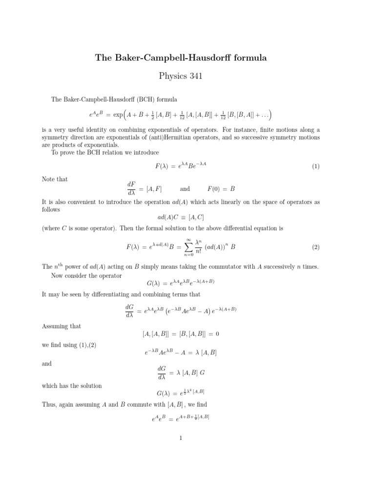 The Baker-Campbell-Hausdorff Formula Physics 341 | PDF | Differential ...