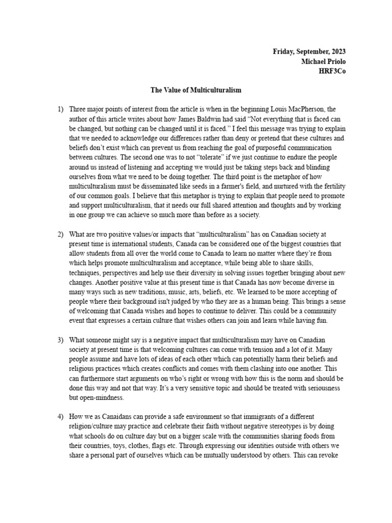 The Value of Multiculturalism - Michael Priolo | PDF | Multiculturalism ...