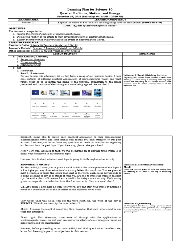 COT Lesson Plan Q2 | PDF | Electromagnetic Radiation | Waves
