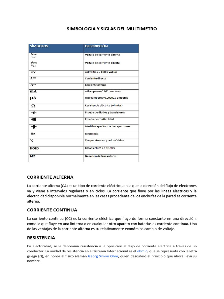 Simbologia y Siglas Del Multimetro | PDF | Corriente eléctrica ...