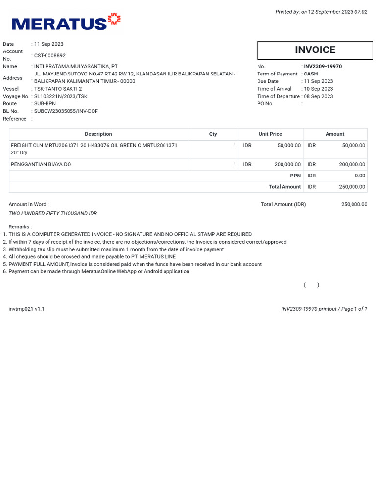 Meratus Online System DO INV 2309 19970 | PDF | Invoice | Financial ...