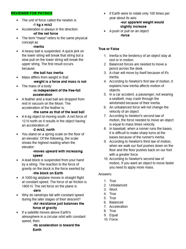 MIDTERMS-PHYSICS-REVIEWER | PDF | Force | Acceleration