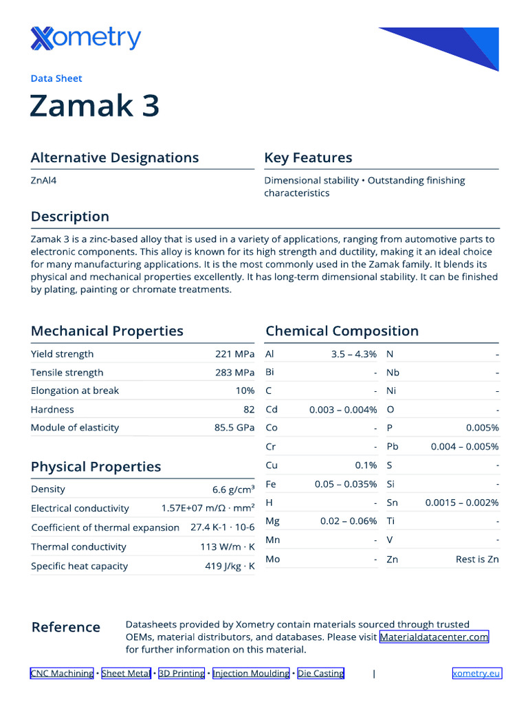 Zamak-3 Xometry | PDF | Strength Of Materials | Electrical Resistivity And Conductivity