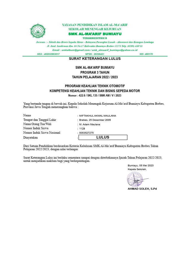 TBSM - Hasil Kelulusan | PDF