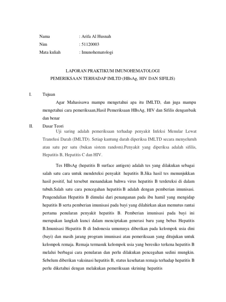 LAPORAN IMUNOHEMATOLOGI (IMLTD, HBsAg, HIV Dan Sifilis) | PDF