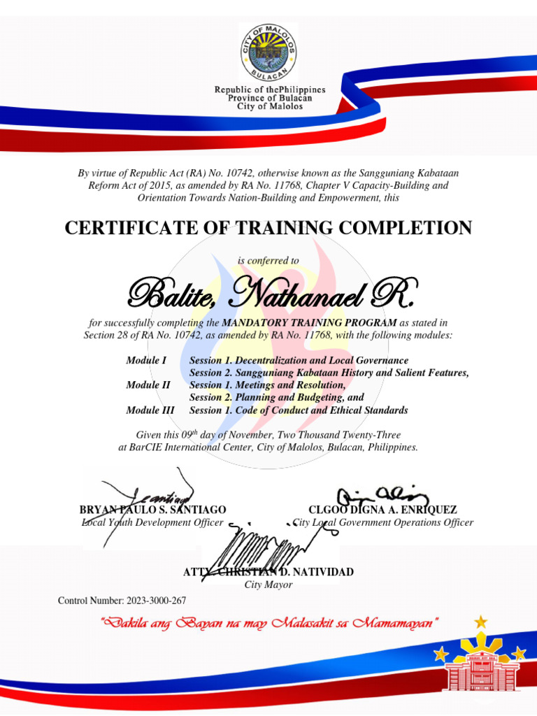 SK PANASAHAN SKMT Certificate of Completion | PDF | Government | Youth Organizations