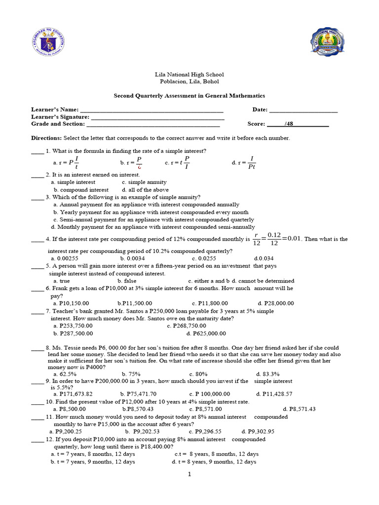 General Math Second Quarterly Assessment | PDF | Bonds (Finance) | Interest
