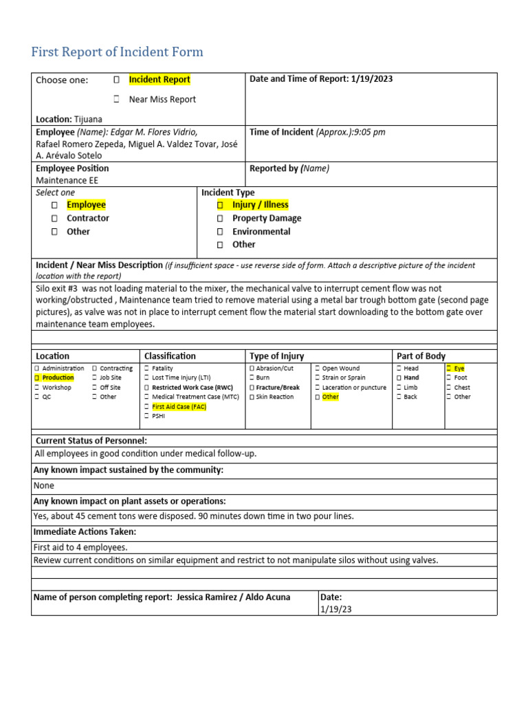 Tijuana Incident Report - Maintenance Issue | PDF | Injury | Wound