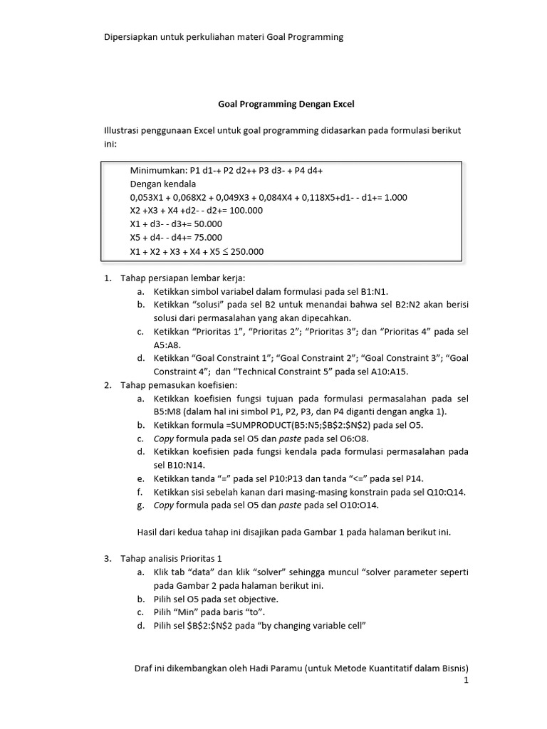 Goal Programming Dengan Excel | PDF
