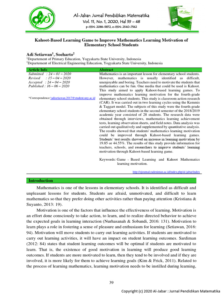 Kahoot-Based Learning Game To Improve Mathematics | PDF | Motivation ...