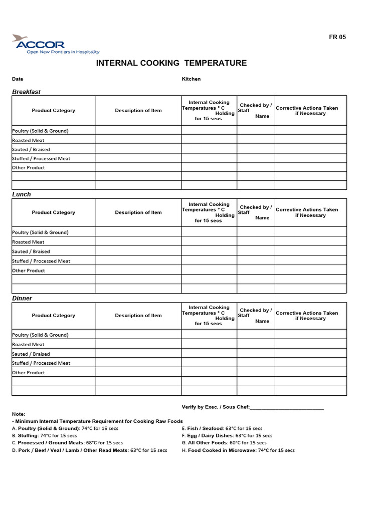 FR 05 Cooking Temp Form | PDF | Cooking | Roasting FR 05 Cooking Temp Form | PDF | Cooking | Roasting
