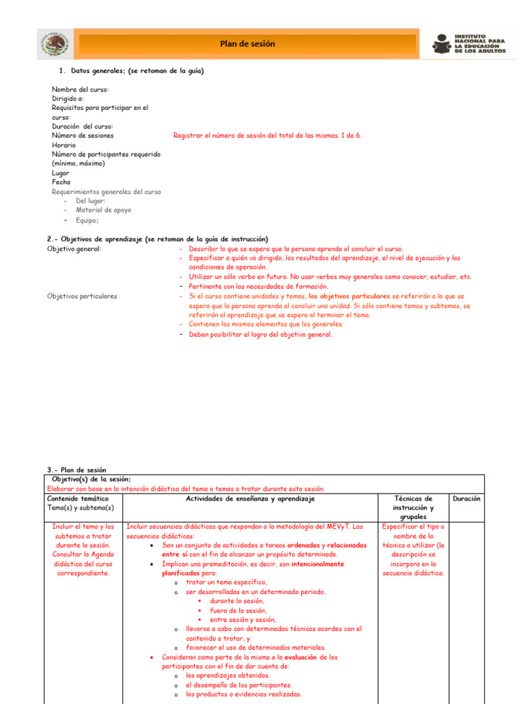 Plan de Sesi N, Instrucciones | PDF | Evaluación | Aprendizaje