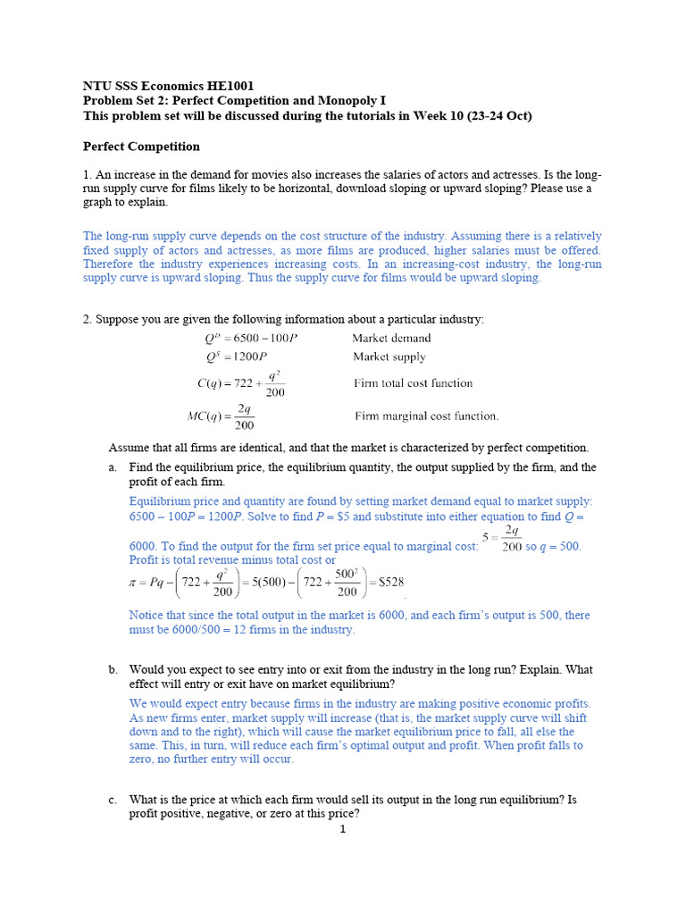 Problem Set 2 - Answer Keys | PDF | Profit (Economics) | Supply (Economics)