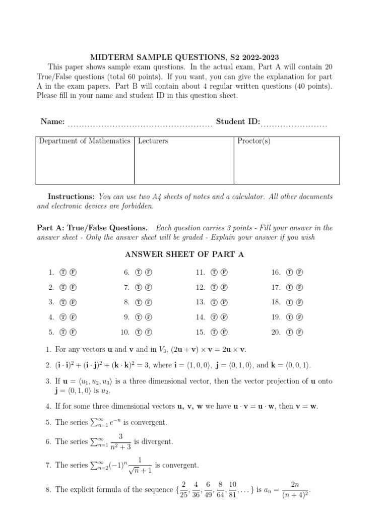 Cal2 - Midterm - 2023 - Sample - With Answers | PDF | Functions And Mappings | Mathematical Concepts