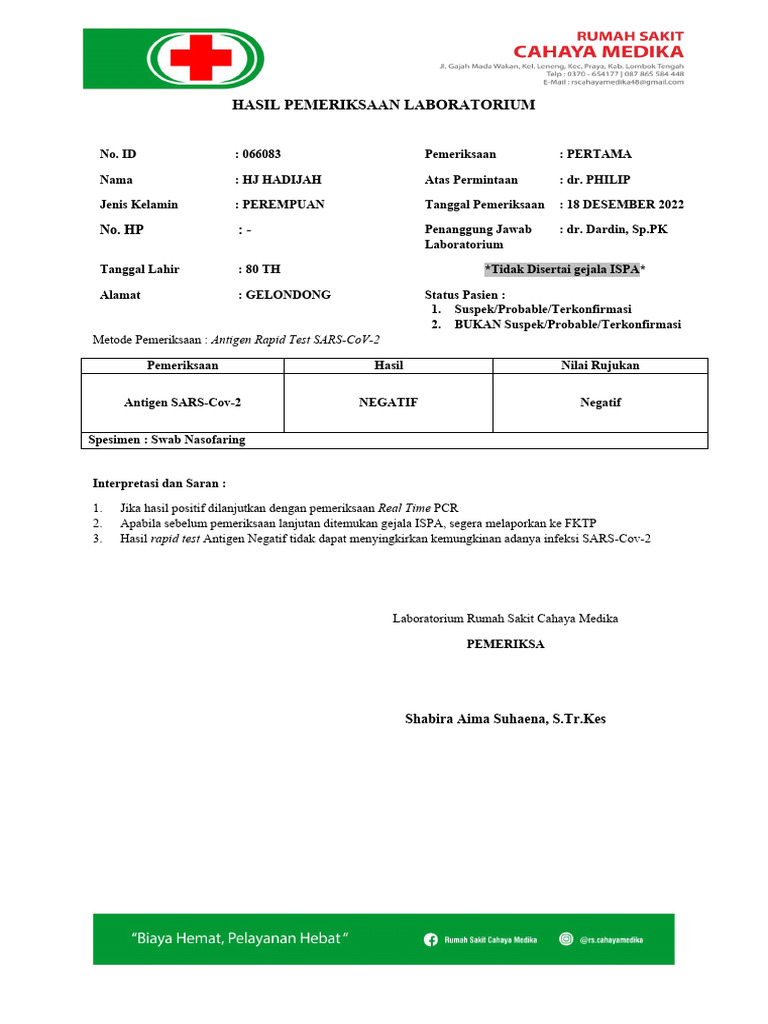 Hasil Pemeriksaan Swab Antigen | PDF
