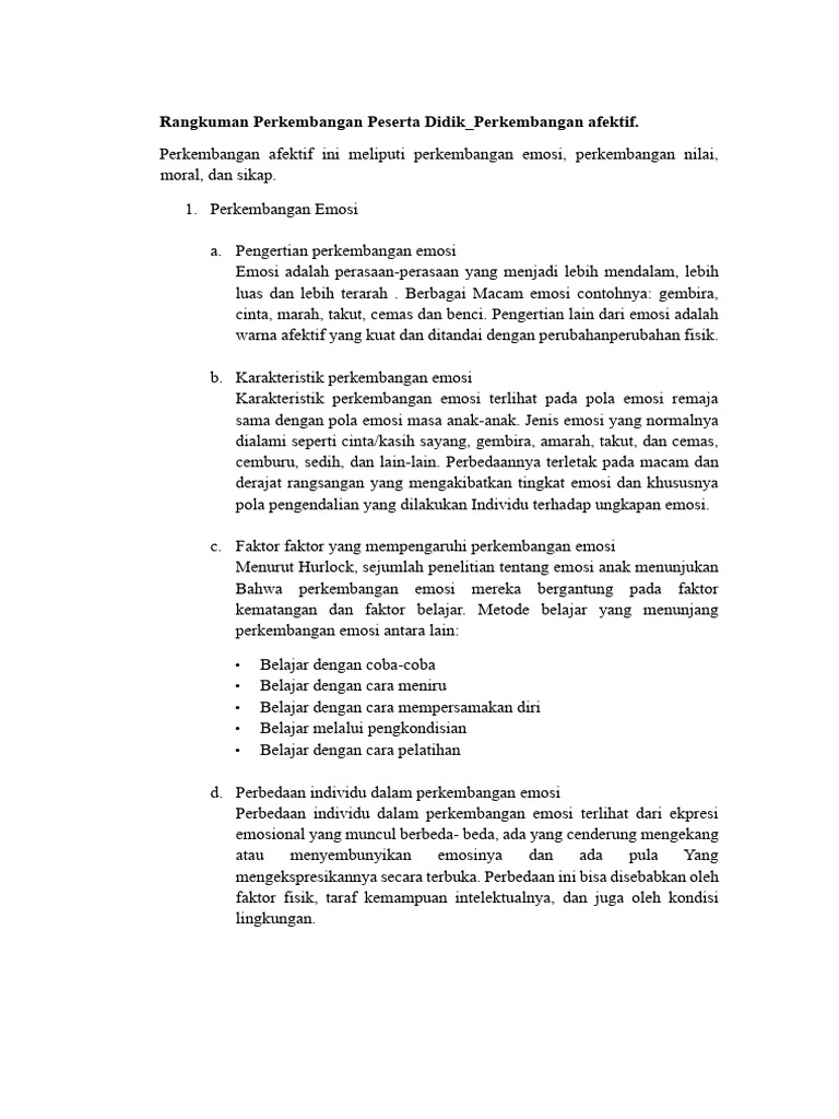 Rangkuman Perkembangan Peserta Didik - Perkembangan Afektif | PDF