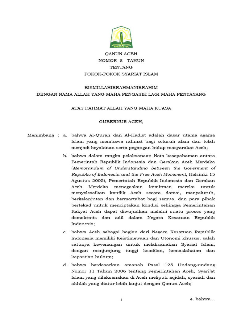 Qanun Aceh Nomor 8 Tahun 2014 Tentang Pokok-Pokok Syariat Islam1 | PDF