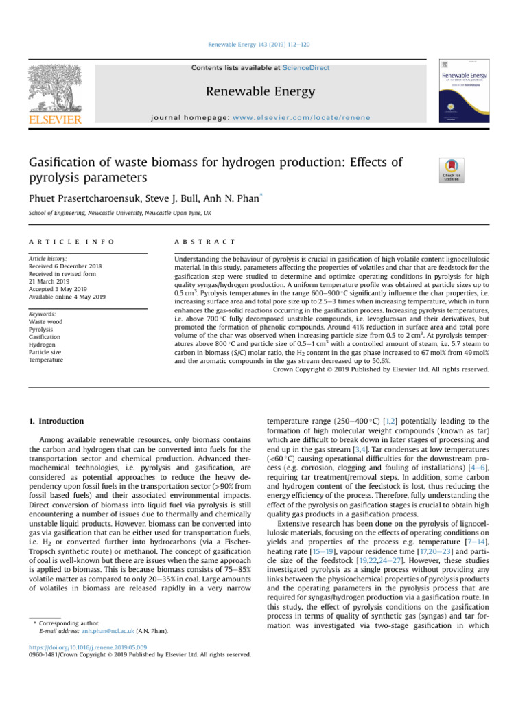Gasification of Waste Biomass For Hydrogen Production - Effects of ...