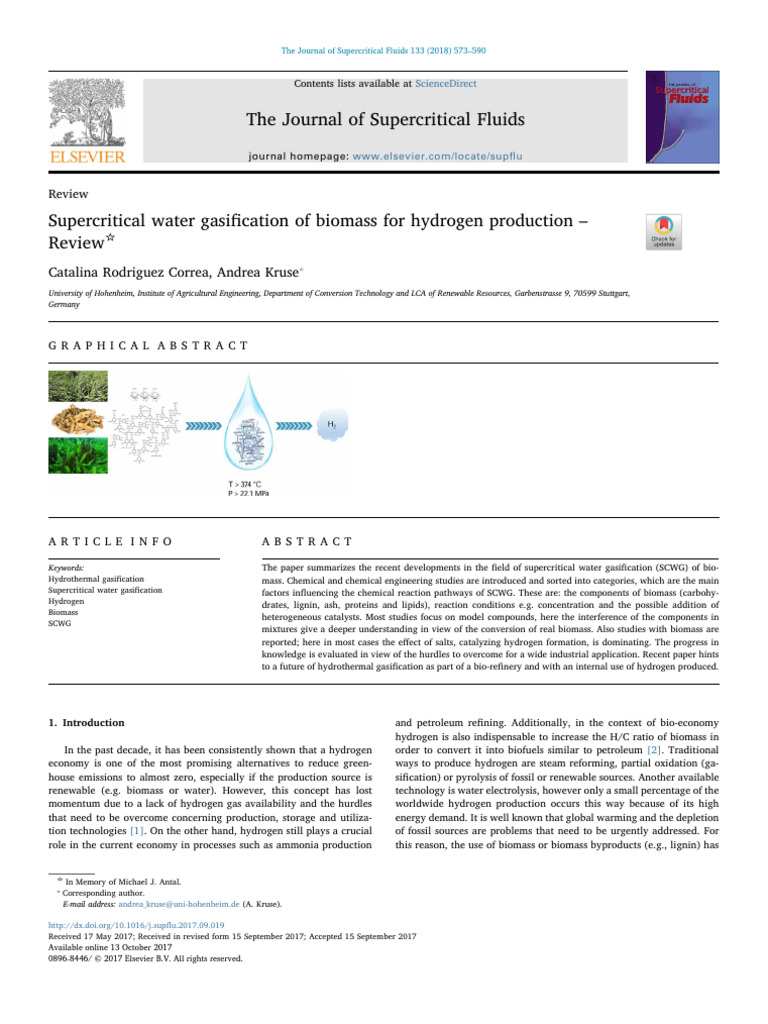 Supercritical Water Gasification of Biomass For Hydrogen Production ...