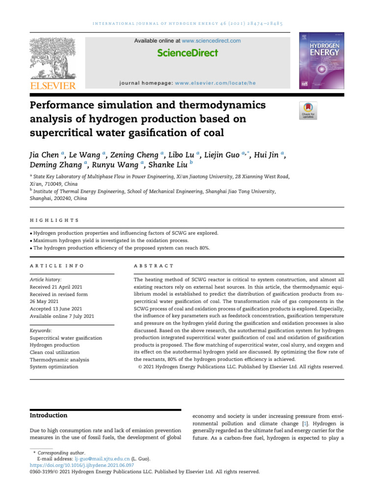 Performance Simulation And Thermodynamics Analysis Of Hydrogen Production Based On Supercritical
