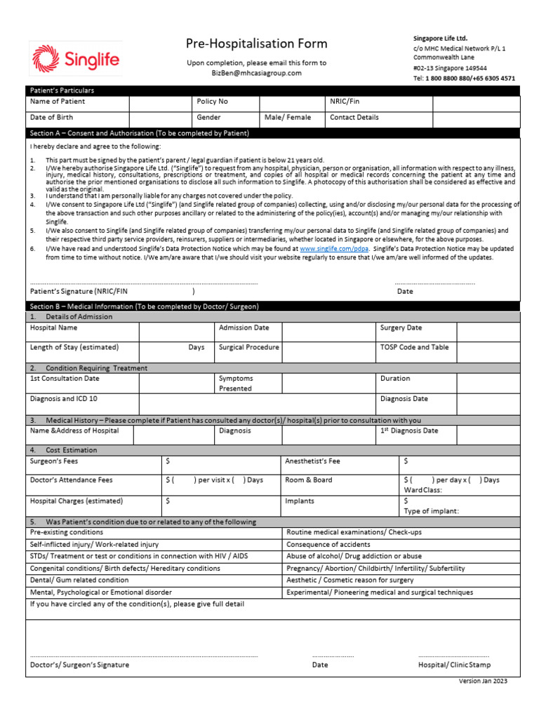 Singlife - Pre-Hospitalisation Form (PHF)_2023 | PDF | Surgery | Physical Examination