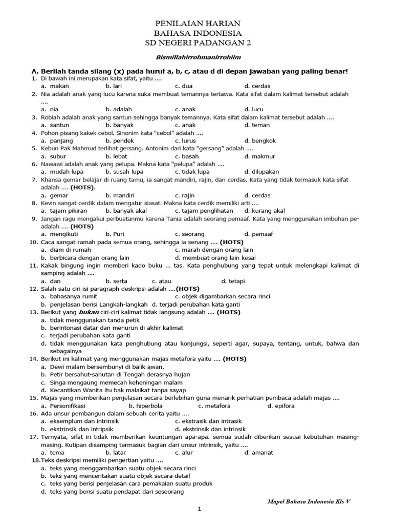 Soal Sumatif Tengah Semester I Bahasa Indonesia 2023-2024 | PDF | Seni & Disiplin Bahasa ...