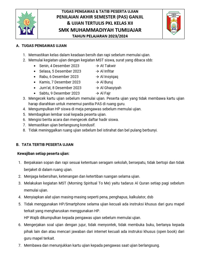 Tata Tertib Pas Ganjil & Ut PKL TP 2023-2024 | PDF Tata Tertib Pas Ganjil & Ut PKL TP 2023-2024 | PDF