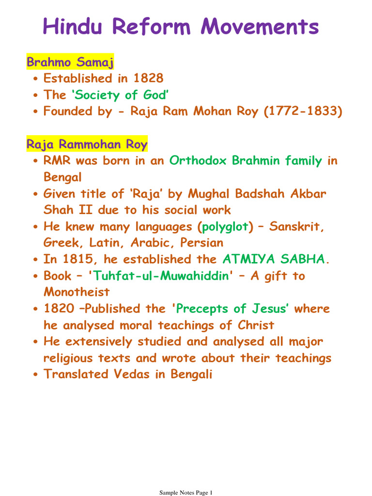 Modern History Sample Notes | PDF | Swami Vivekananda | Indian Religions