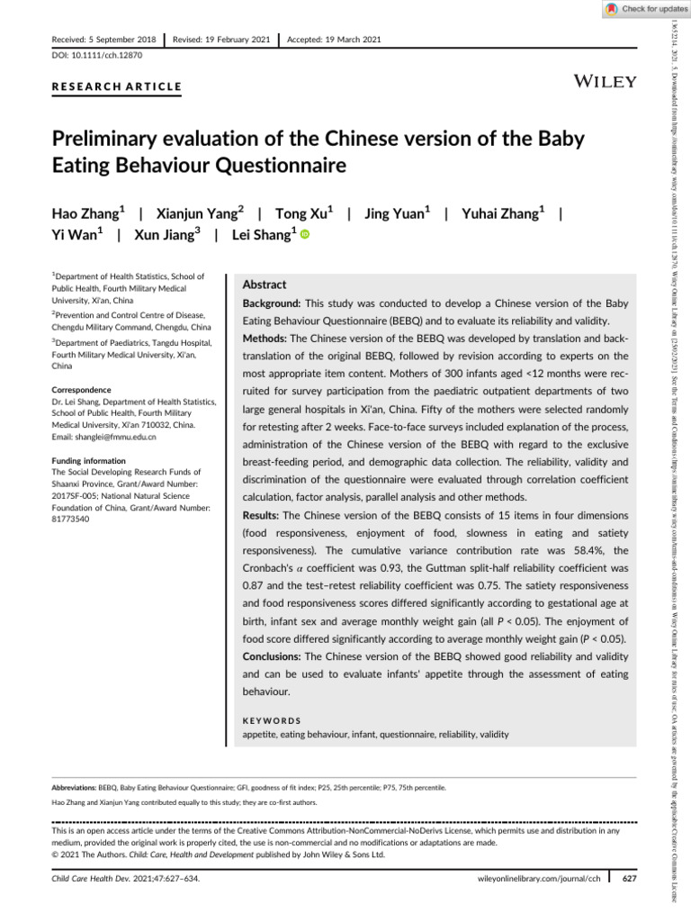 Child - 2021 - Zhang - Preliminary Evaluation of The Chinese Version of ...