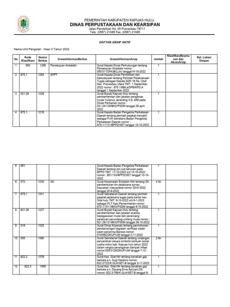 Daftar Arsip Aktif Tahun 2022 | PDF