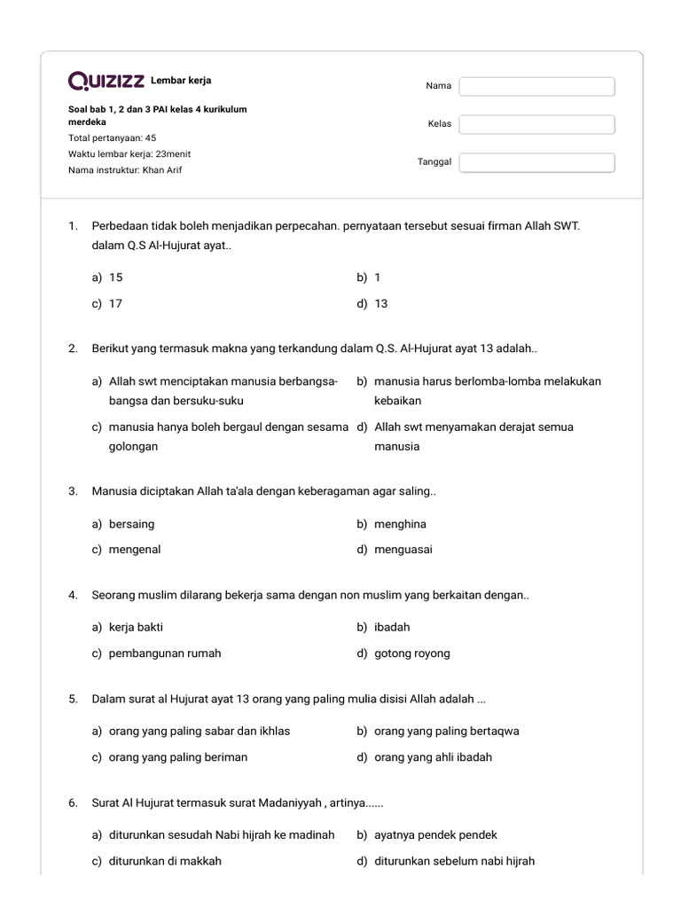 Soal Bab 1, 2 Dan 3 PAI Kelas 4 Kurikulum Merdeka - Quizizz | PDF