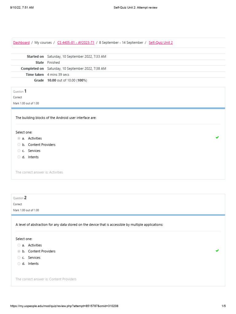 Self-Quiz Unit 2 - Attempt Review | PDF | Android (Operating System) | Multimedia